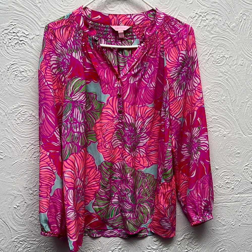 Lilly Pulitzer Elsa Silk Blouse With Button Placket S… - Gem